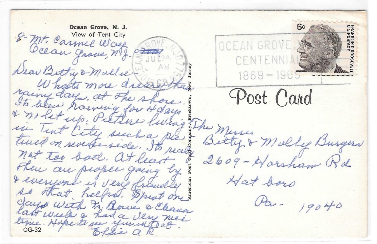 Ocean Grove NJ Tent City 1960s Vintage New Jersey Postcard