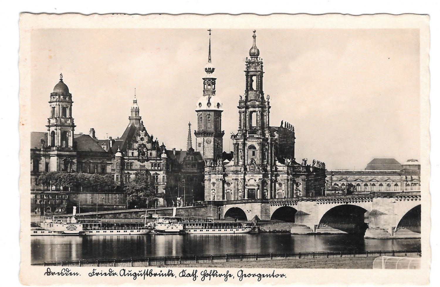 Germany RPPC Dresden Friedrich August Bridge Elbe River Boats Postcard