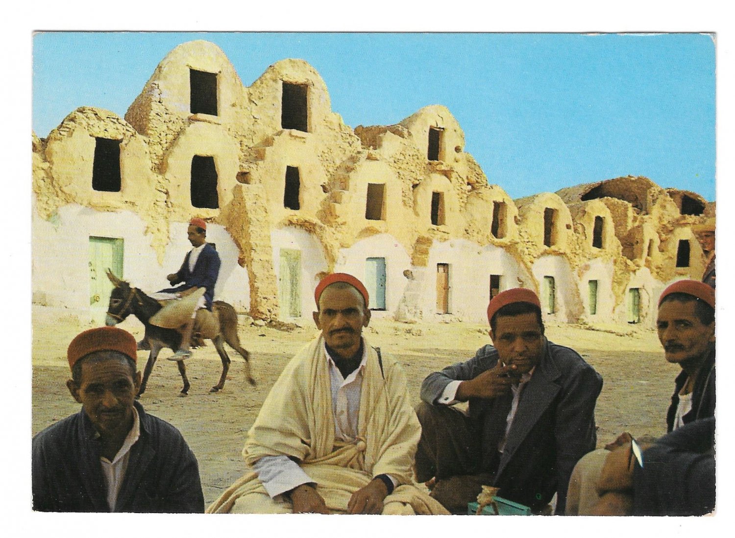 Tunisia Medenine Berber Men in front of Ghorfas Storage Building Donkey ...