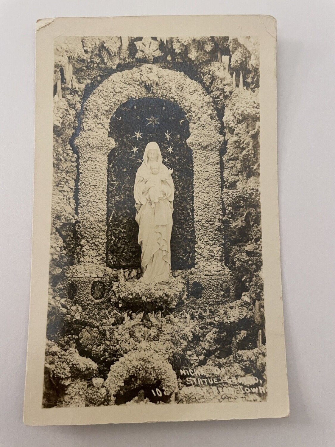 Mother Mary & Baby Jesus Statue Grotto West Bend Iowa Postcard RPPC