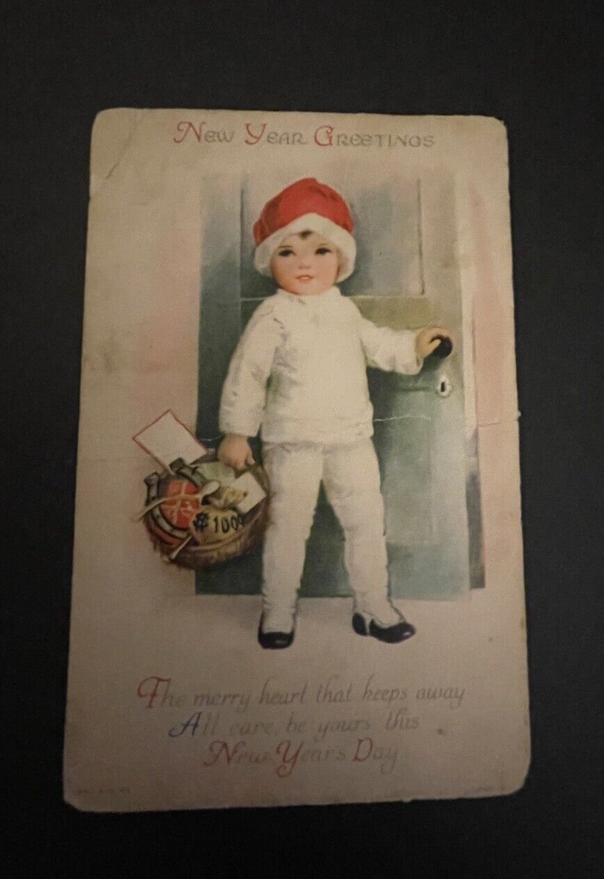 New Year Greetings Little Boy With Basket Ellen Clapsaddle Postcard ...