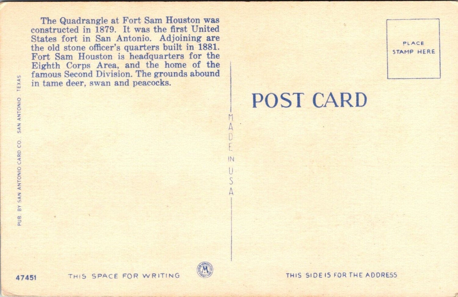Quadrangle Fort Sam Houston San Antonio TX Postcard Unposted