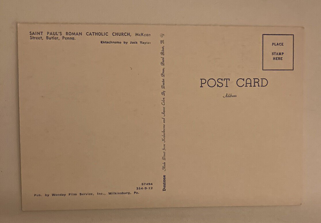 Saint Paul's Roman Catholic Church Butler Pennsylvania Postcard Unposted
