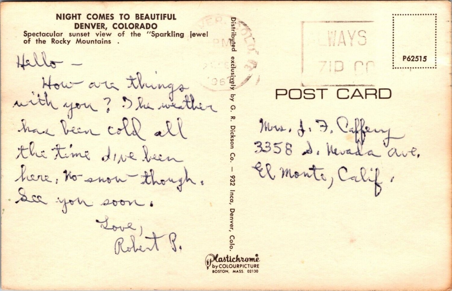 Sunset Over Denver Colorado Postcard