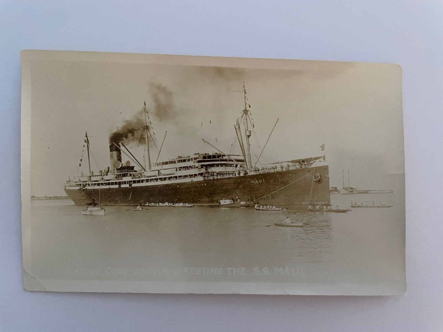 Native Coin Divers Greeting The S.S. Maui Photo Vintage Black & White Photo