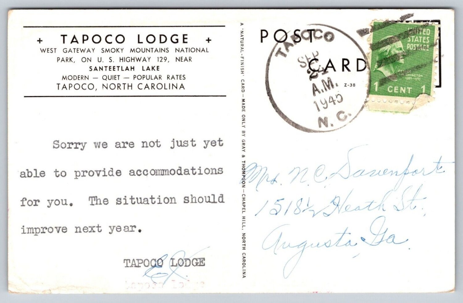 Tapoco Lodge Tapoco North Carolina Postcard Vintage