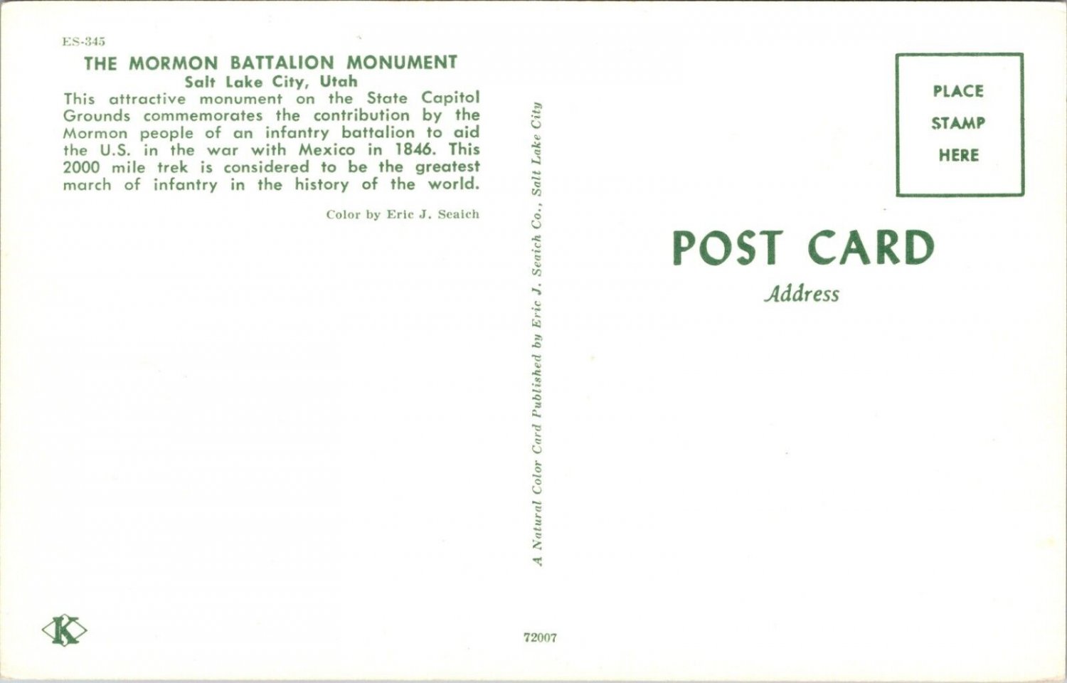 Mormon Battalion Monument Salt Lake City Utah Postcard