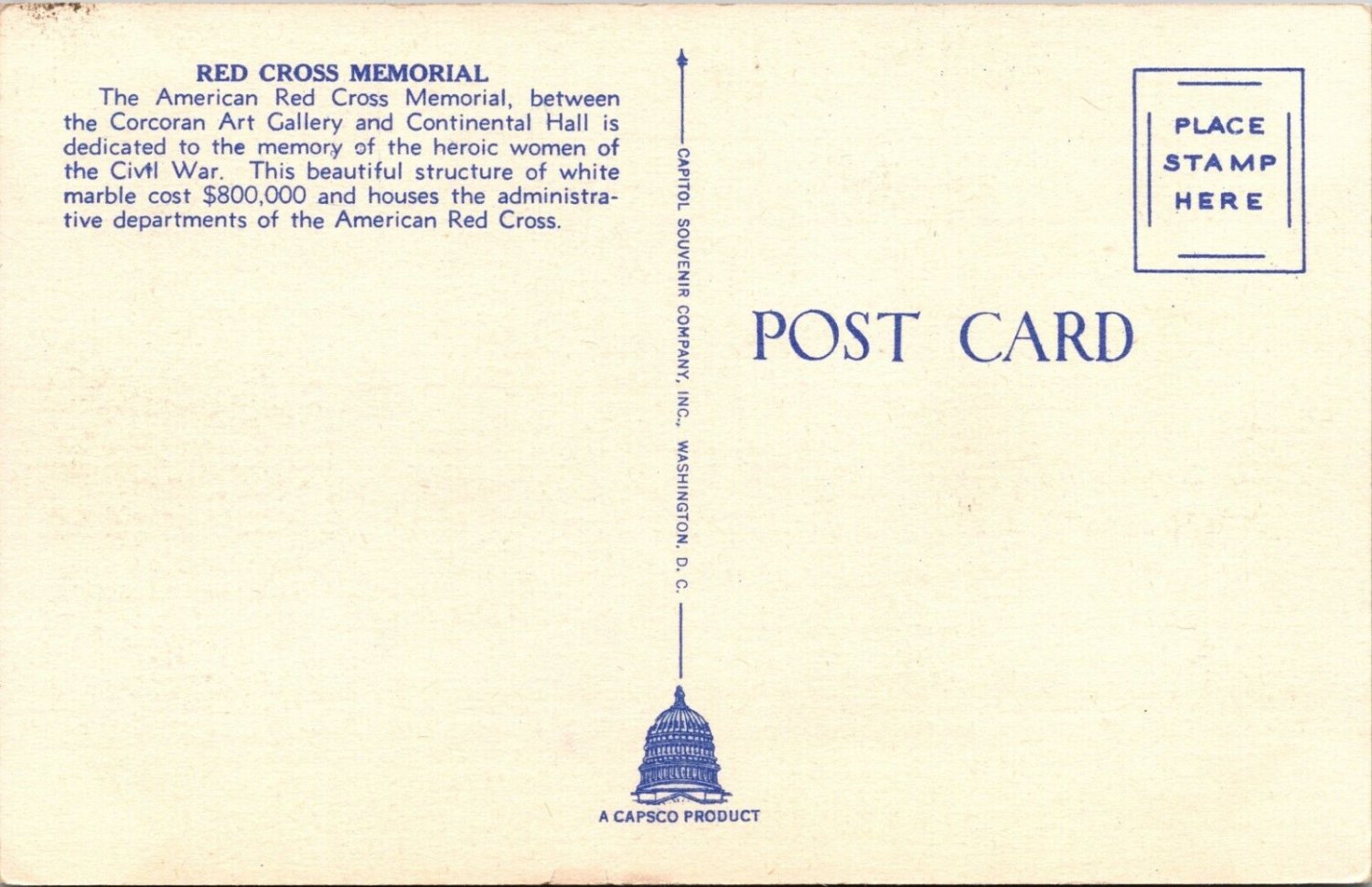 Red Cross Memorial Washington DC Postcard Unposted