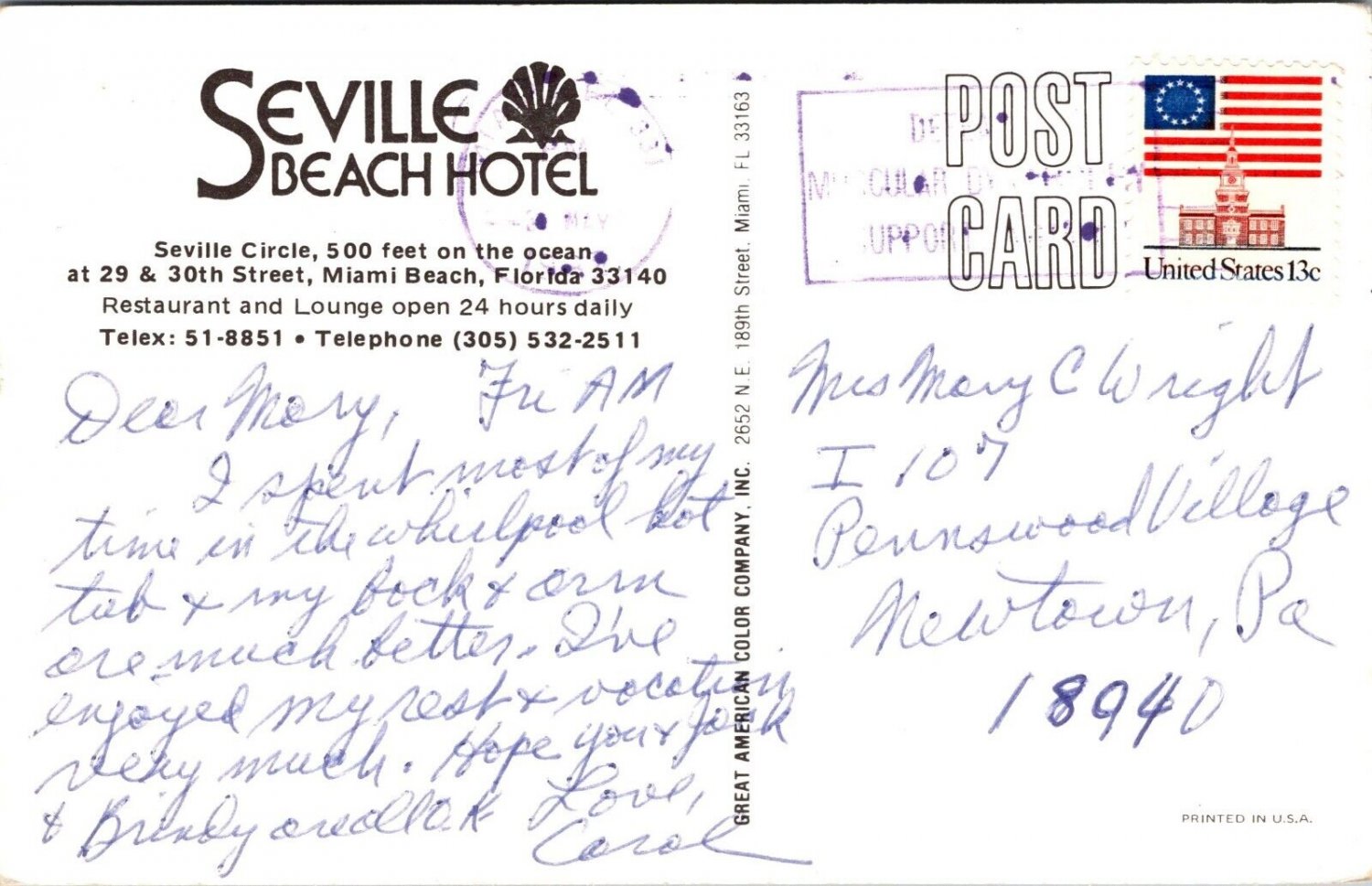 Seville Beach Hotel Miami Beach Florida Postcard
