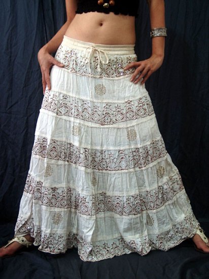 Beige Bohemian Peasant Indian Tiered Printed Drawstring Long Skirt