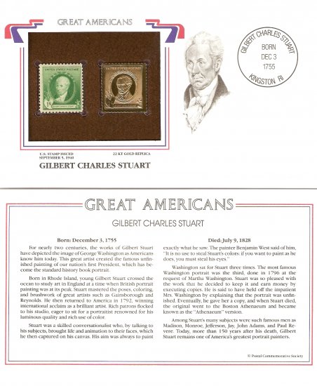 GILBERT CHARLES STUART US POSTAGE 1 CENT & 22KT GOLD REPLICA