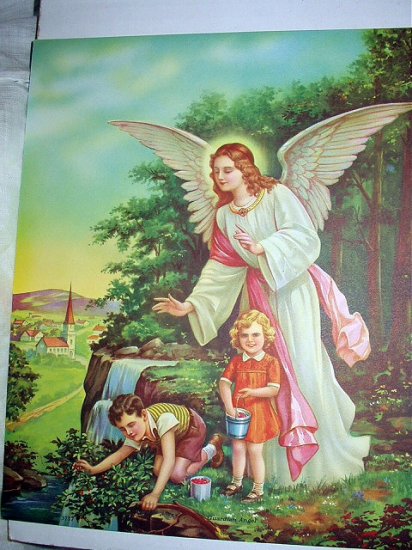 GUARDIAN ANGEL Vintage Lithograph print-Angel Watching Children