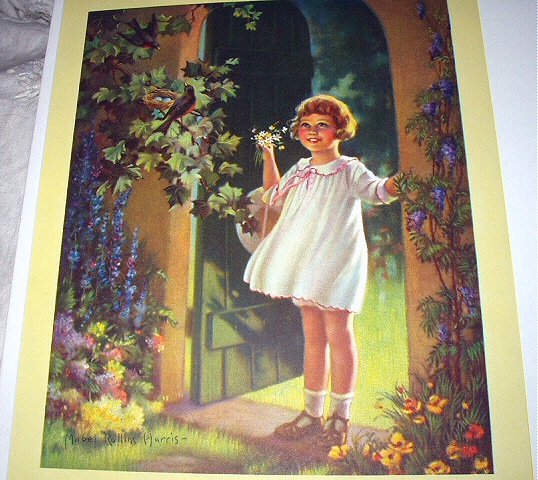 MABEL ROLLINS HARRIS-GOOD MORNING-Lithograph Sweet Girl,Robin with Nest ...