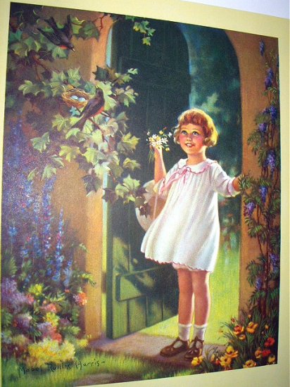 MABEL ROLLINS HARRIS-GOOD MORNING-Lithograph Sweet Girl,Robin with Nest ...