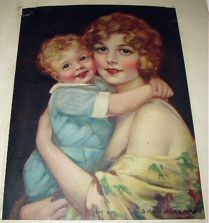 J.KNOWLES HARE Lithograph-MY BOY-Sweet Baby Boy Hugs Mother