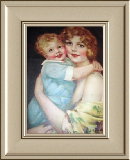 J.KNOWLES HARE Lithograph-MY BOY-Sweet Baby Boy Hugs Mother