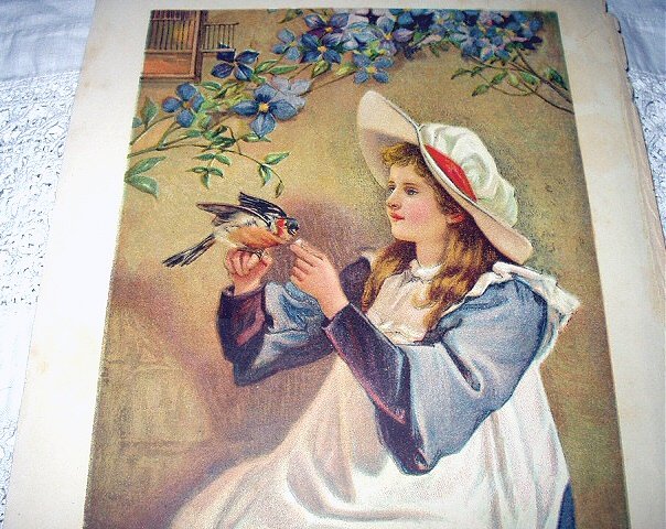 Victorian Girl in Night Cap Feeding Robin-Antique Chromolithograph