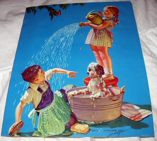1948 R.JAMES STUART Vintage Print-DOGGONE YOU!Children Bathing Dog