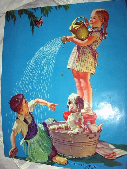 1948 R.JAMES STUART Vintage Print-DOGGONE YOU!Children Bathing Dog