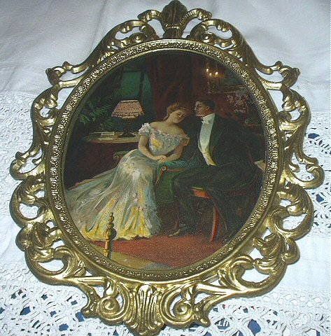 Sweet Courting Victorian Couple Sitting in Parlor-Oval Metal Convex Frame