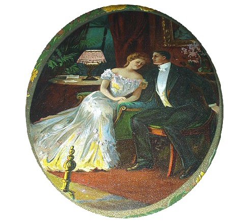 Sweet Courting Victorian Couple Sitting in Parlor-Oval Metal Convex Frame