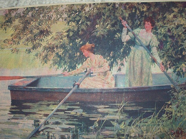 Antique Print-Two Victorian Women Rowing Boat-Colorful,Artist: FRANCIS ...