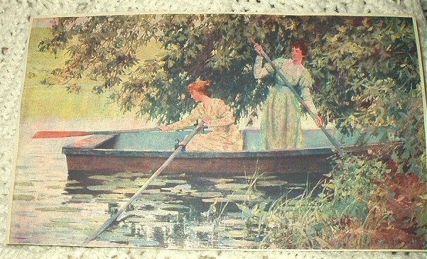 Antique Print-Two Victorian Women Rowing Boat-Colorful,Artist: FRANCIS ...