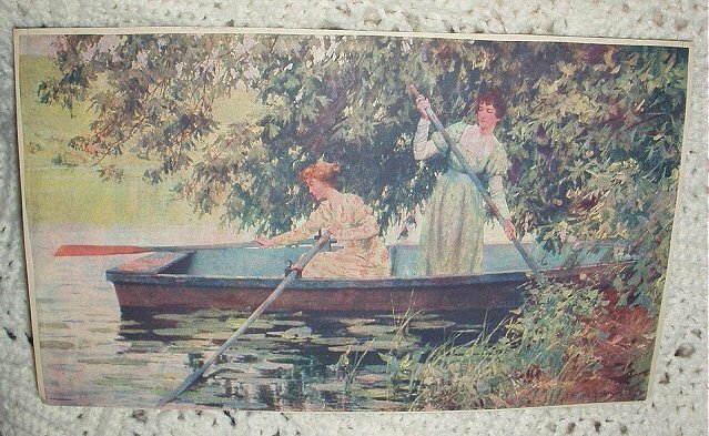 Antique Print-Two Victorian Women Rowing Boat-Colorful,Artist: FRANCIS ...