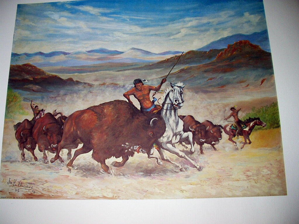 Buffalo Hunt Western Plains 1966 Lrg Vintage Lithograph Artist Joe H ...
