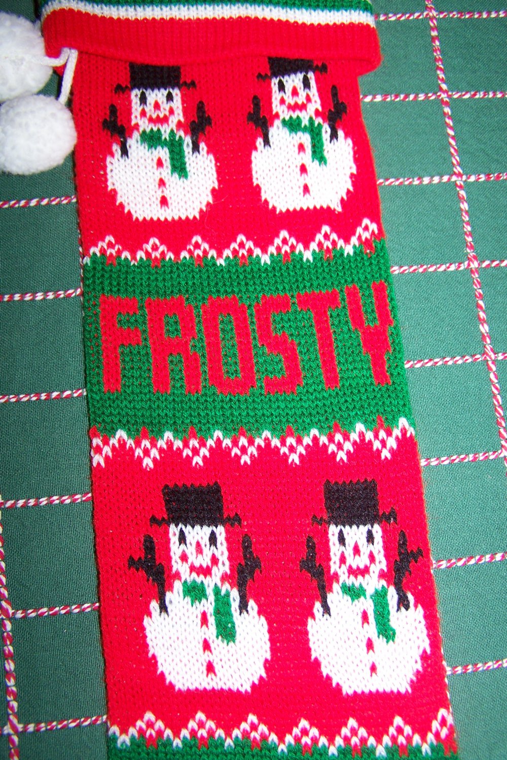 Vintage Knitted Frosty Snowman Christmas Stocking Pom Poms Red Green ...