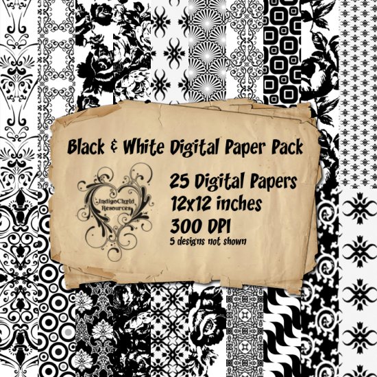 25 Black & White Digital Scrapbook Paper Pack