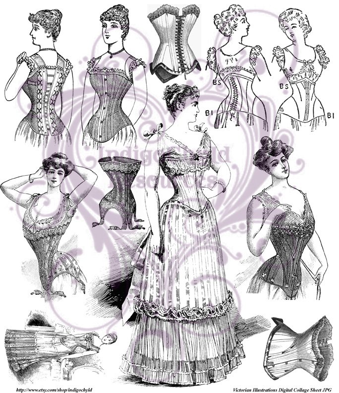 Victorian Corset Illustrations Digital Collage Sheet JPG