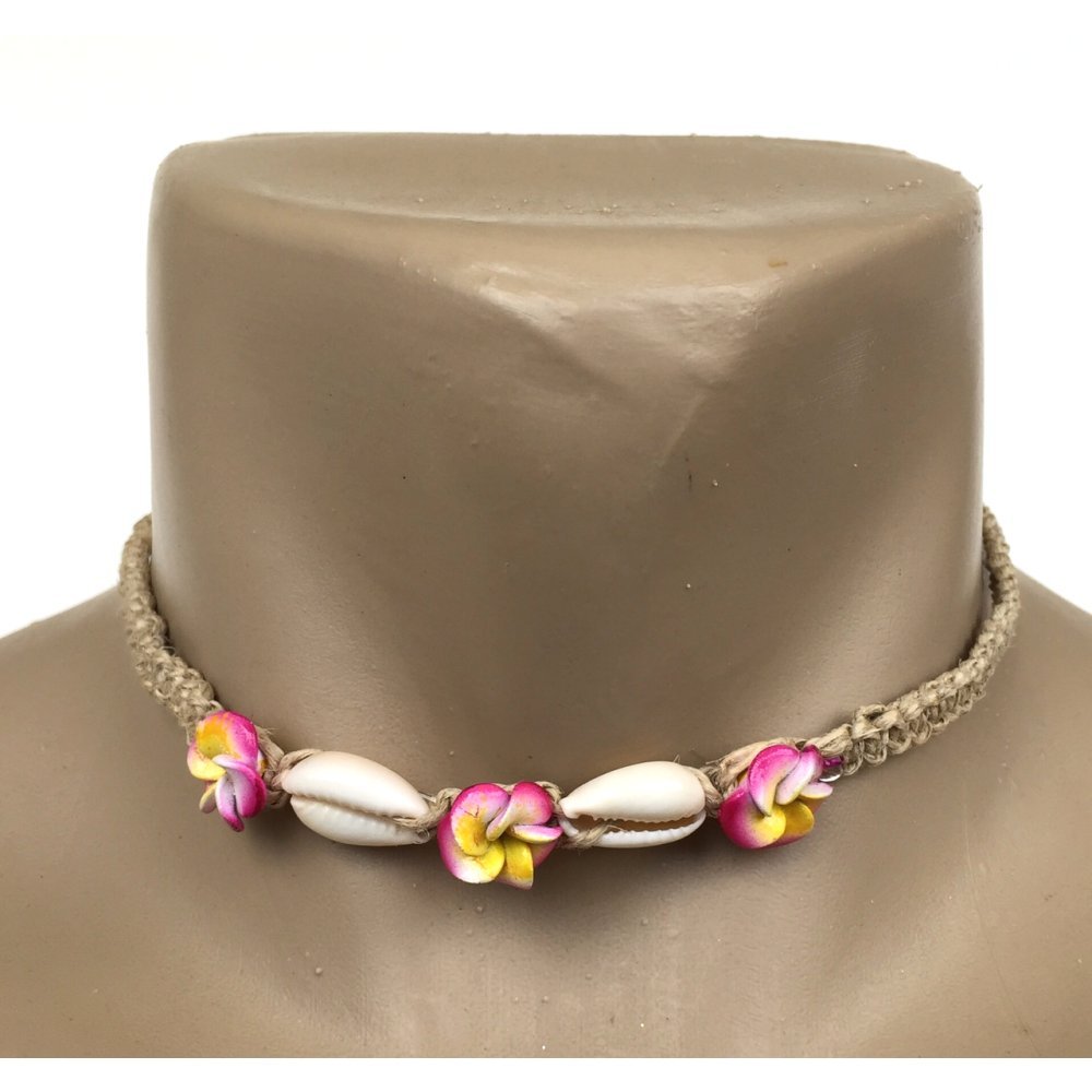 Hawaiian Hemp Plumeria Flower and Hawaii Cowry Shell Choker