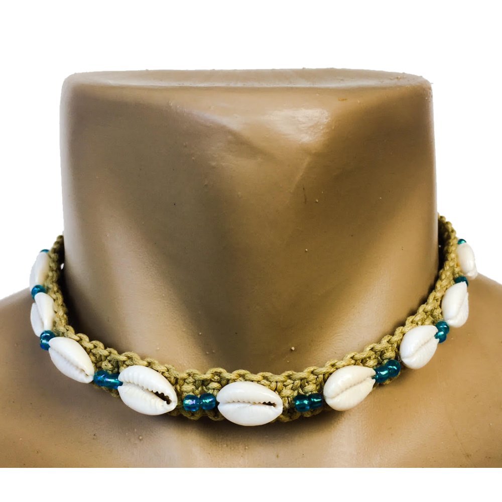 Hawaiian Jewelry Cowry Shell Handmade Double Blue Bead Hemp Choker ...