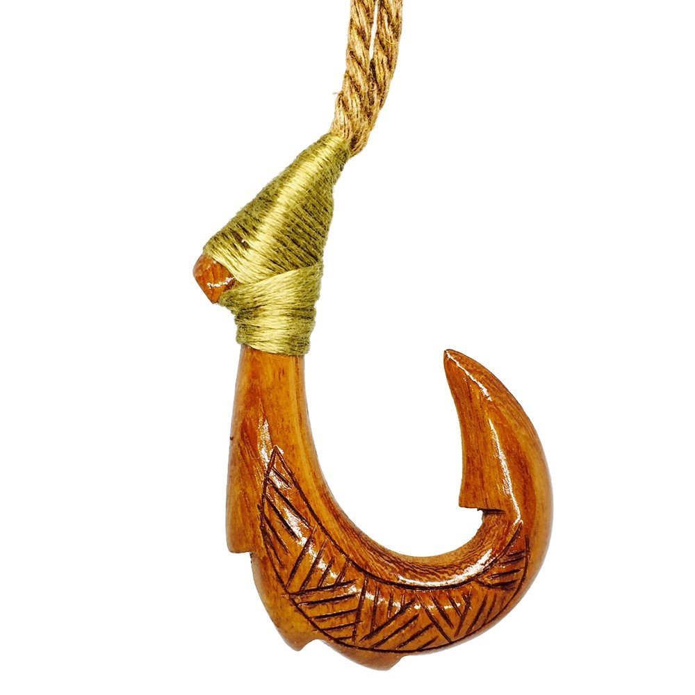 Hawaiian Jewelry Koa Wood Carved Fish Hook Necklace