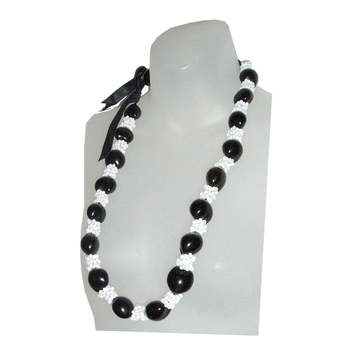 Hawaiian Jewelry 32" Black Kukui Nut with White Mongo Shells Lei ...
