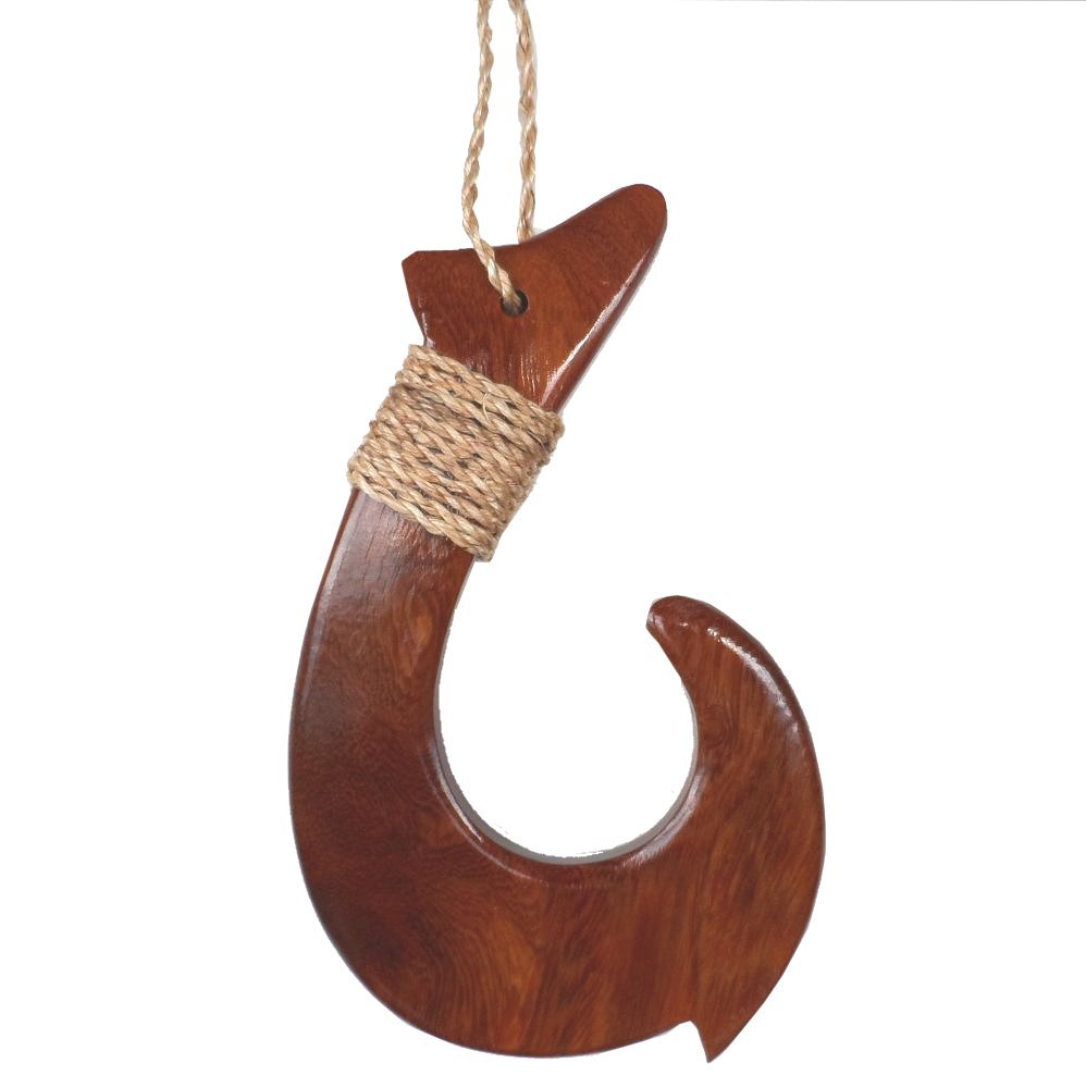 Extra Large Hawaiian Koa Wood Fish Hook 5" Hand Carved and Tied on Maui ...