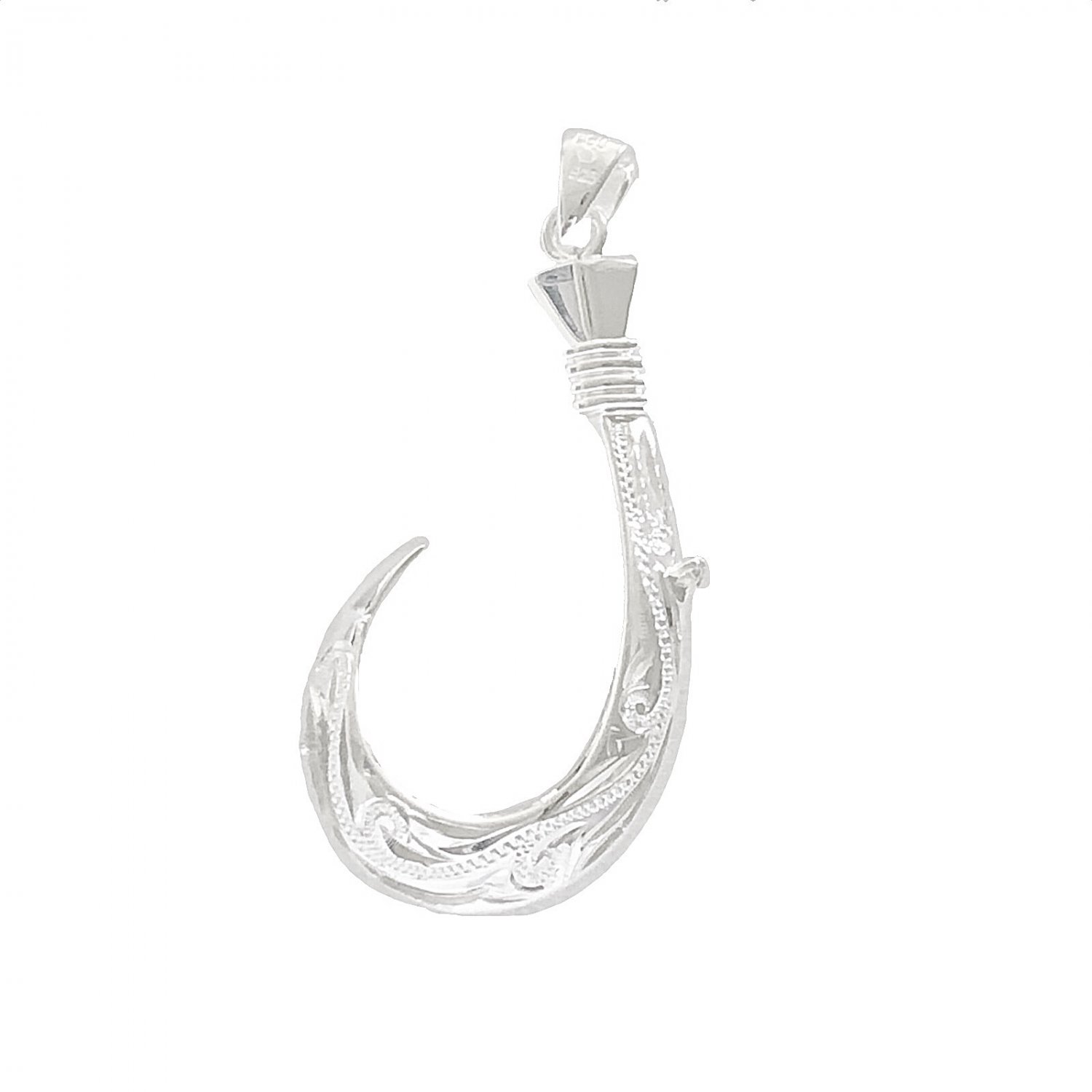 Hawaiian Jewelry Silver Heavyweight Large Engraved Fish Hook Pendant