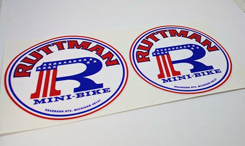 Pair of RUTTMAN Mini Bike Vintage Style DECALs, Vinyl STICKERs, 3 Inches