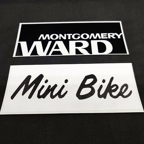Set of 2 Montgomery Ward Mini Bike DECALS, 2" x 5" Vinyl Minibike STICKERS