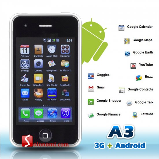 MiPhone A3 3G Google Android 1.5 Smart Phone with GPS, WiFi, and 3 MP ...