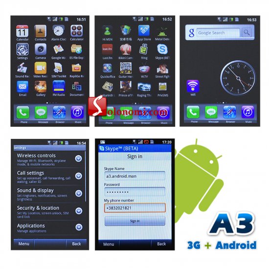 MiPhone A3 3G Google Android 1.5 Smart Phone with GPS, WiFi, and 3 MP ...