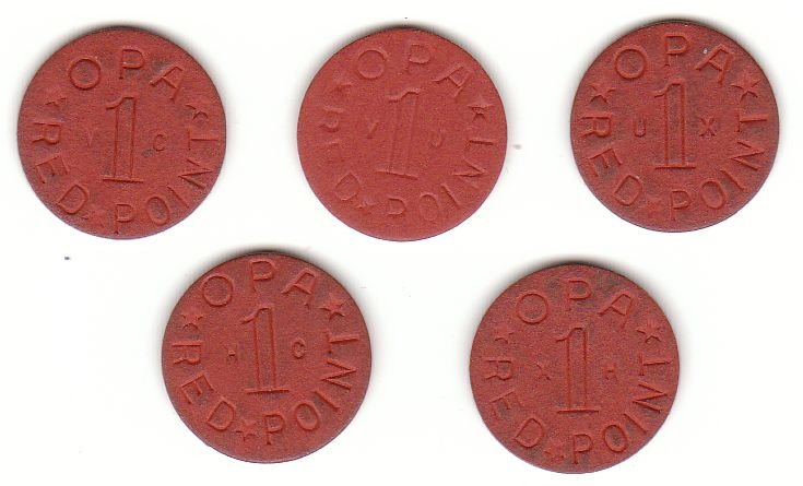 World War II OPA Red Point Ration Tokens - 5 different codes: VC, VU ...