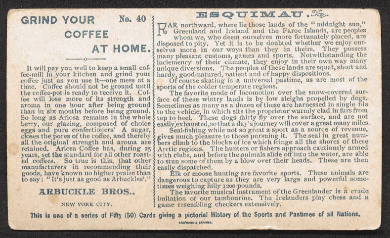 1893 Victorian Trade Card - Arbuckle Brothers Coffee Company - ESQUIMAU ...