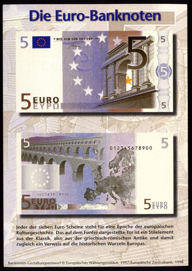 DIE EURO-BANKNOTEN, 5 Euro Banknote - 1998 Unused Educational Postcard ...