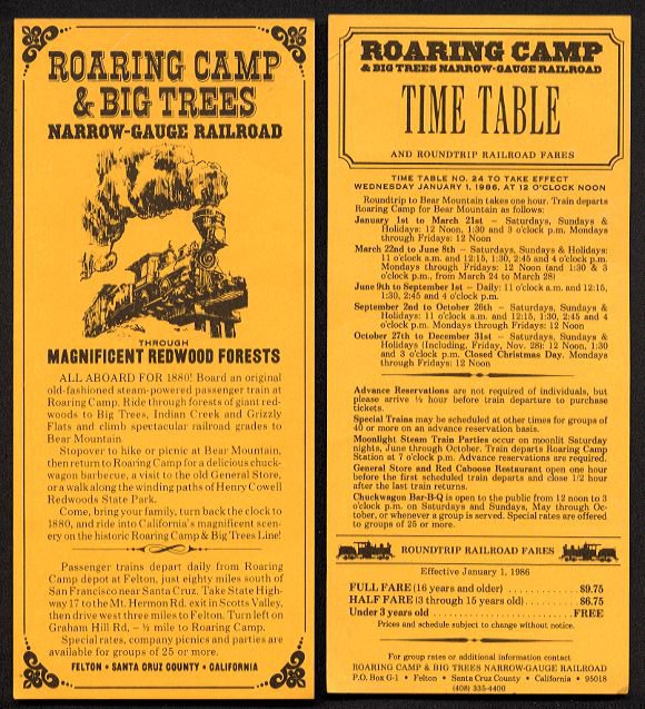 ROARING CAMP & BIG TREES Railroad - 1986 Steam Train Schedule and Time ...