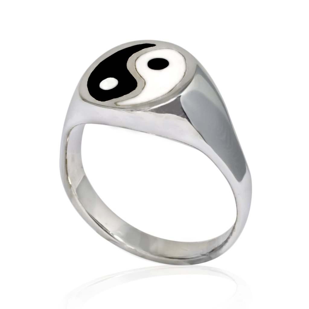 925 Sterling Silver Mens Enamel Asian Yin Yang Tai Chi Balance Unisex Ring
