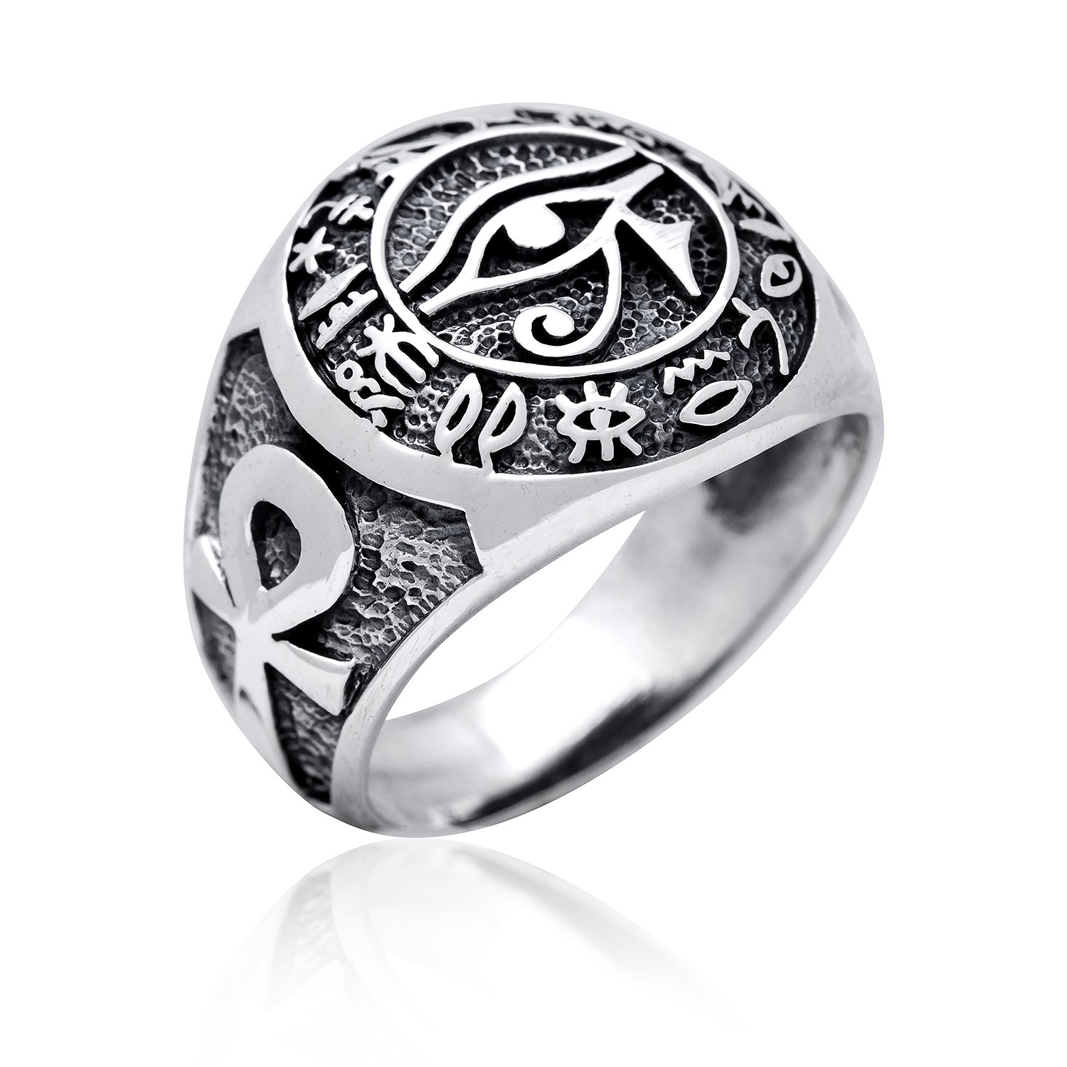 925 Sterling Silver Egypt Egyptian Hieroglyphs Eye of Horus Udjat Ankh Ring