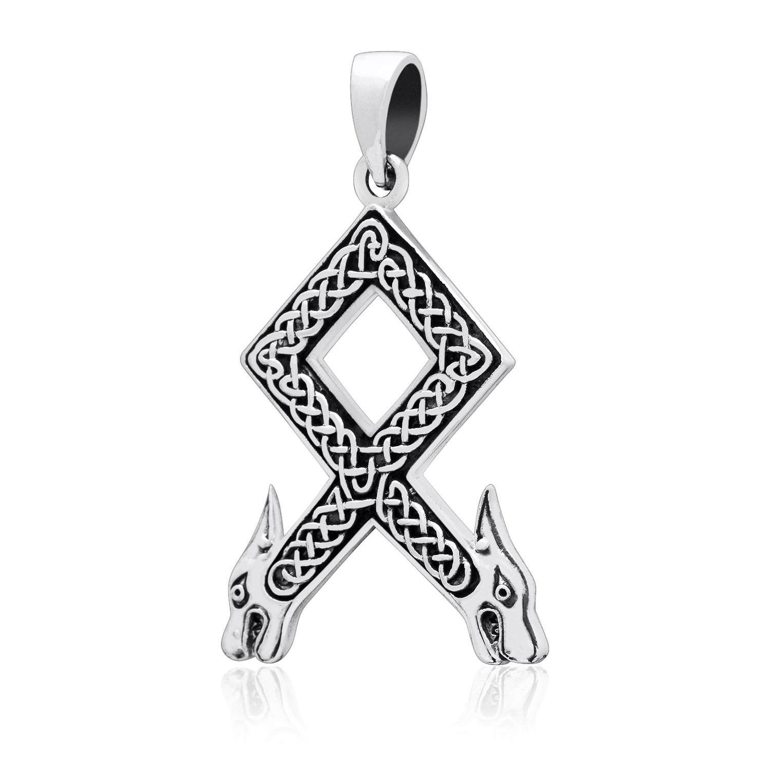 925 Sterling Silver Viking Othala Odal Rune Wolf Heads with Knotwork ...