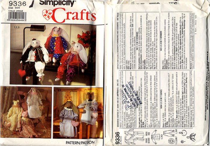 Simplicity 9336 Stuffed 24" Bunny & Cat with Clothes Pattern - Uncut